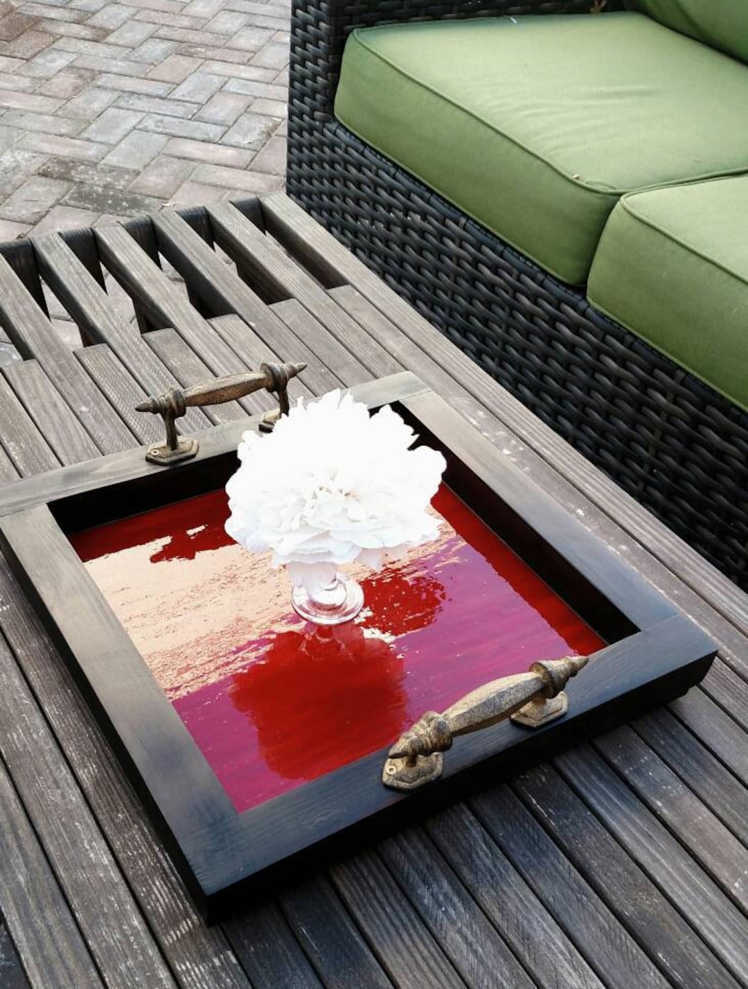 Ottoman Tray. Dark Brown Wood. Red Glass Tile. 15 X 15. Free Shipping ...