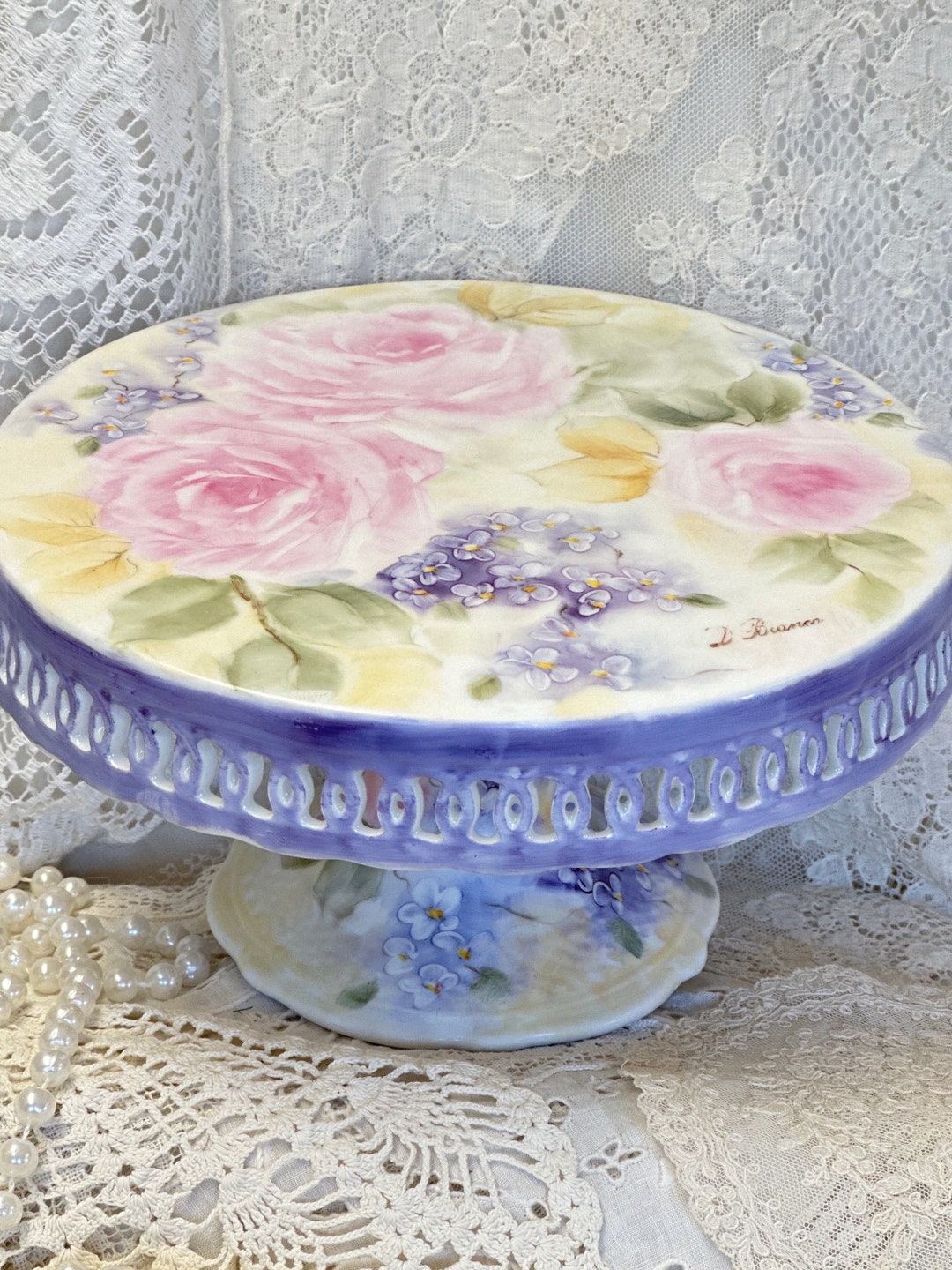 Handpainted Porcelain Decorative Cake Plate Stand Roses Violets Antique ...