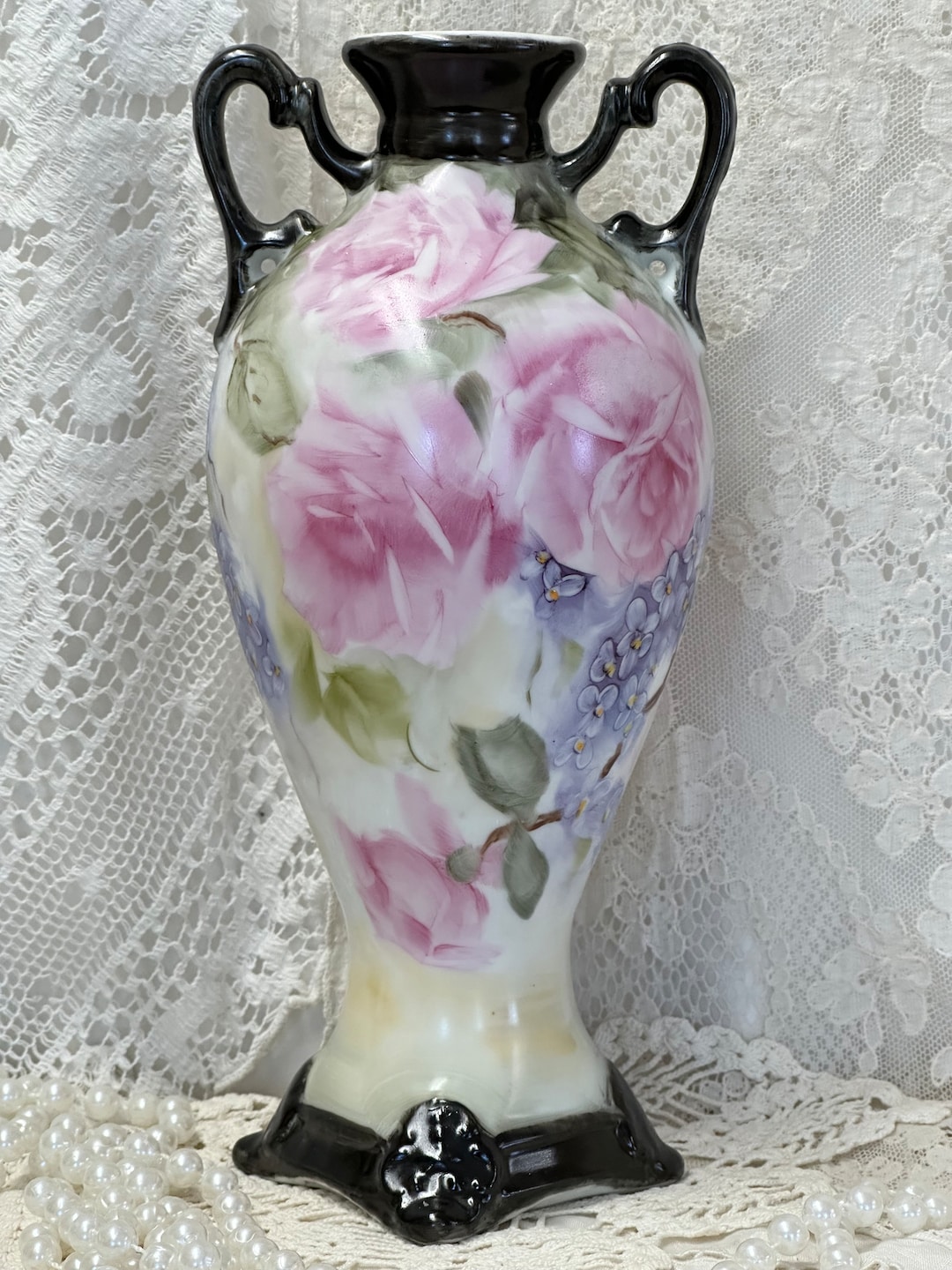 Hand Painted Porcelain Vase, Vintage, Antique Style, Pink Roses, and ...