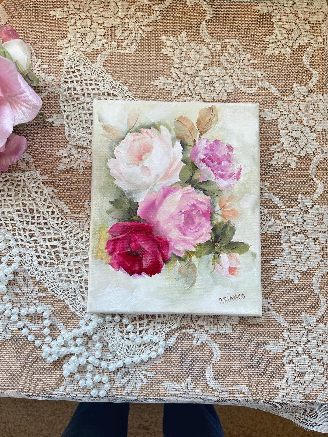 Shabby Vintage Style Hand Painted Pink Cranberry Roses Oil 8 X 10 ...