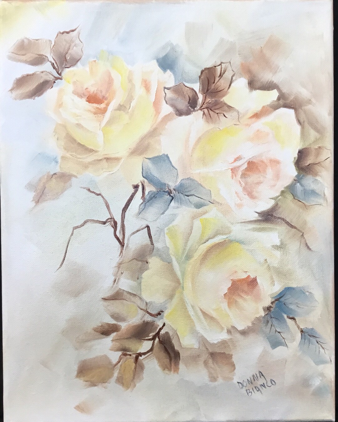 Hand Painted Yellow Roses Oil on Canvas Shabby Chic Antique Style ...