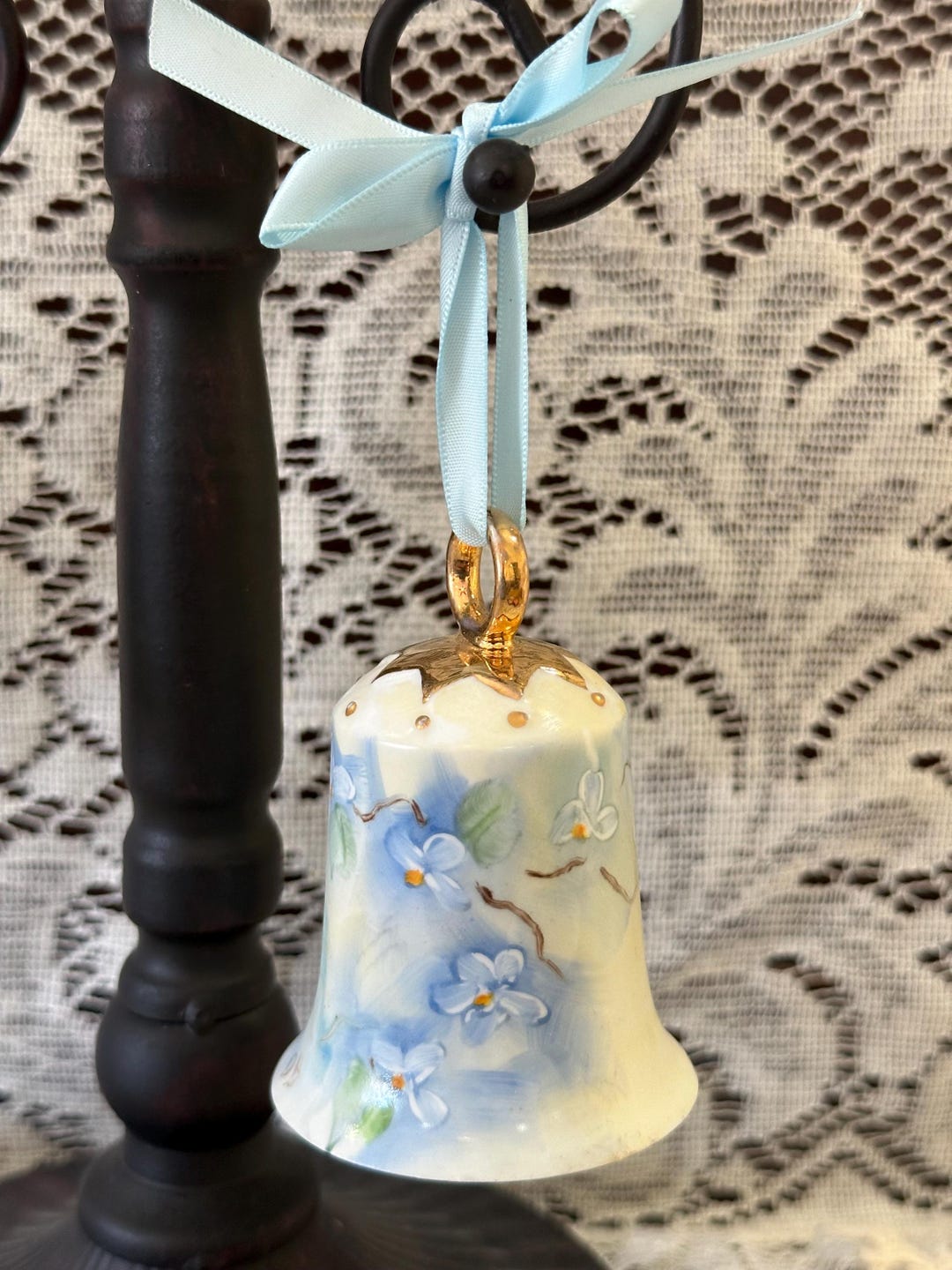 Hand Painted Porcelain Bell Ornament: Blue Flowers, Gold Trim, Vintage ...