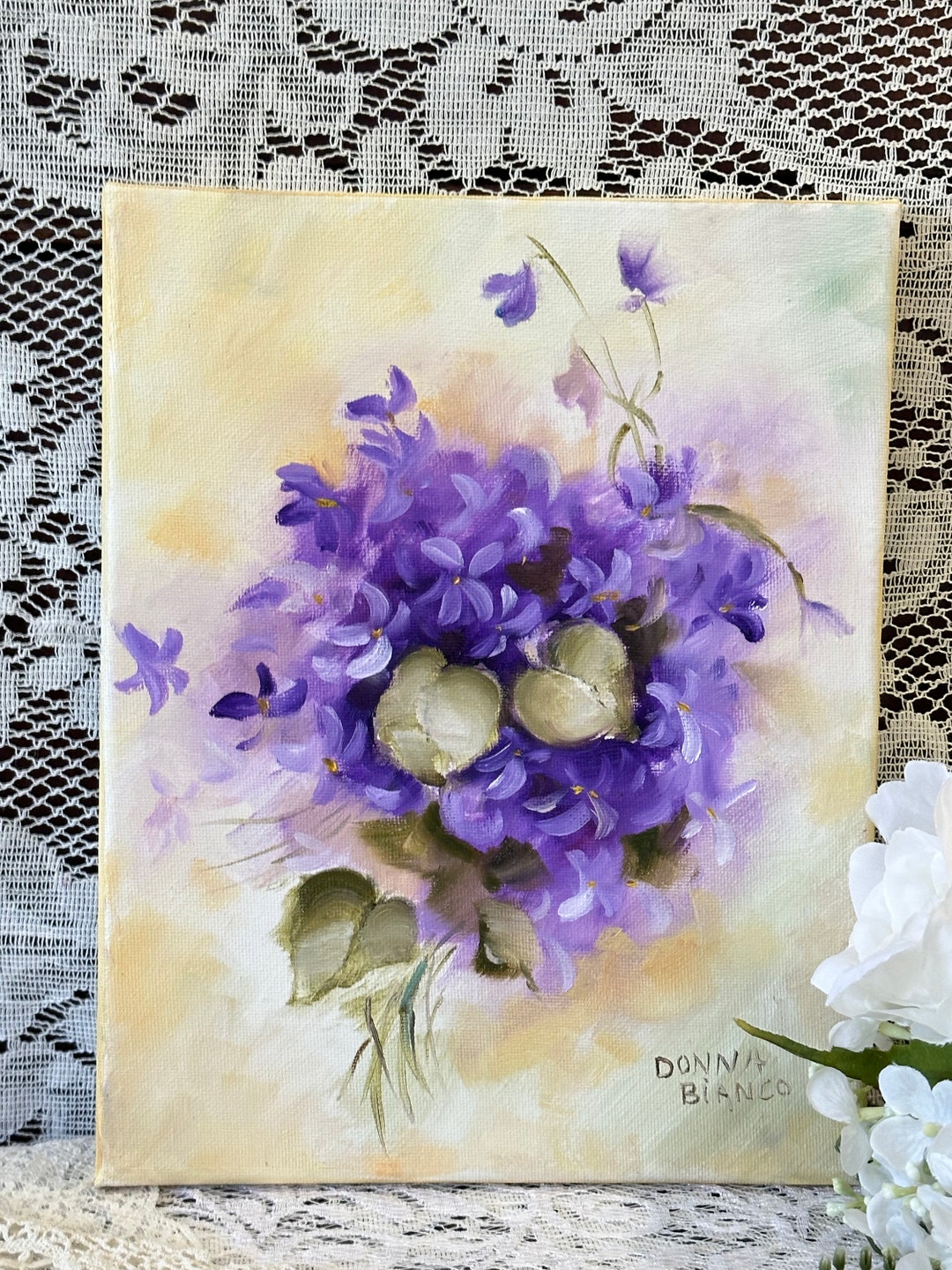 Hand Painted Bouquet of Purple Violets in Oil, 8 X 10 Canvas Signed ...