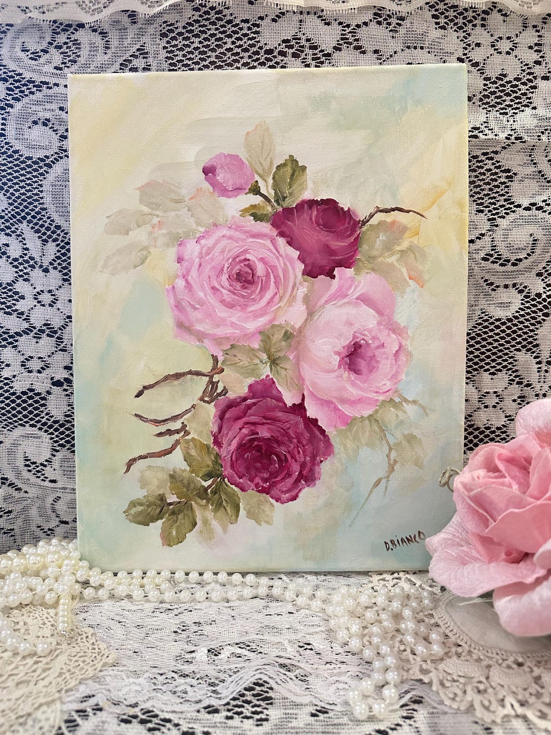 Pink and Cranberry Roses Hand Painted in Oil 11 X 14 Canvas Shabby ...