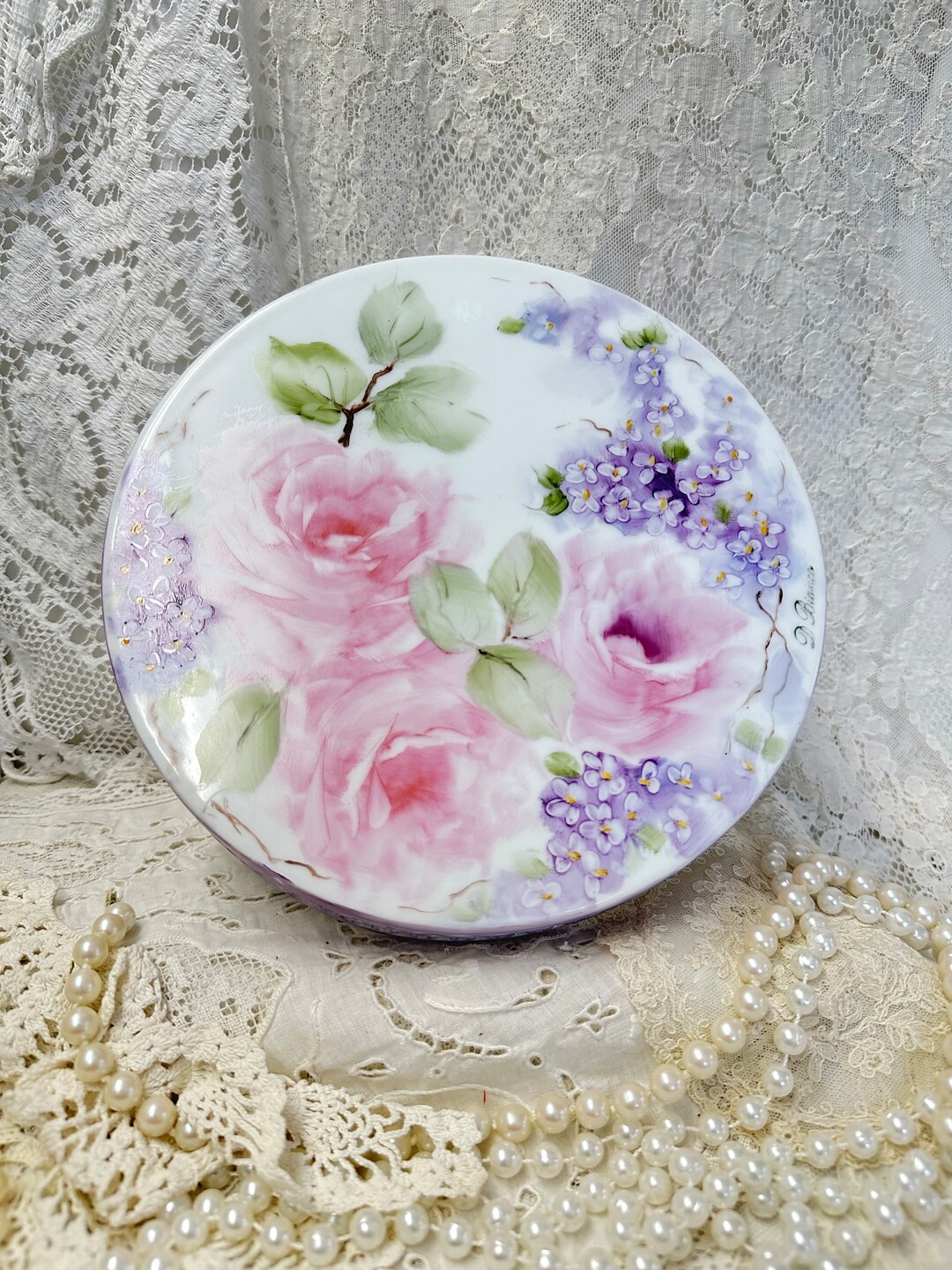 Handpainted Porcelain Decorative Cake Plate Stand Roses Violets Antique ...