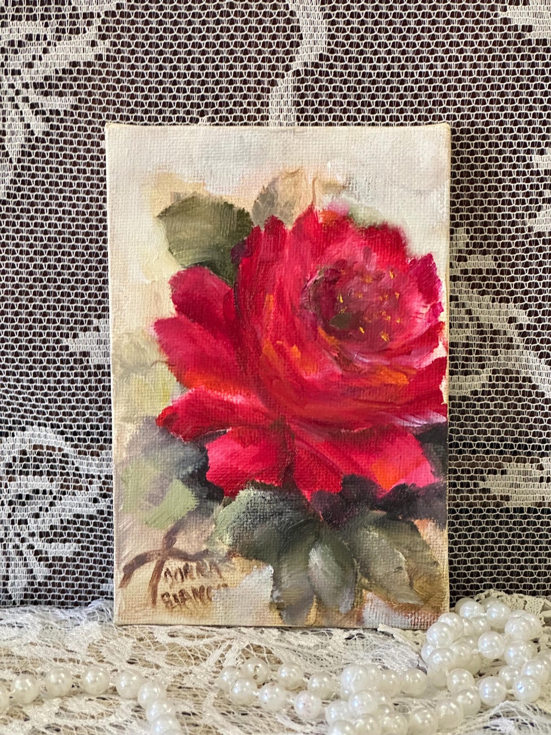 Hand-painted Red Rose Oil Painting: Vintage Antique Style 4x6 Canvas - Etsy