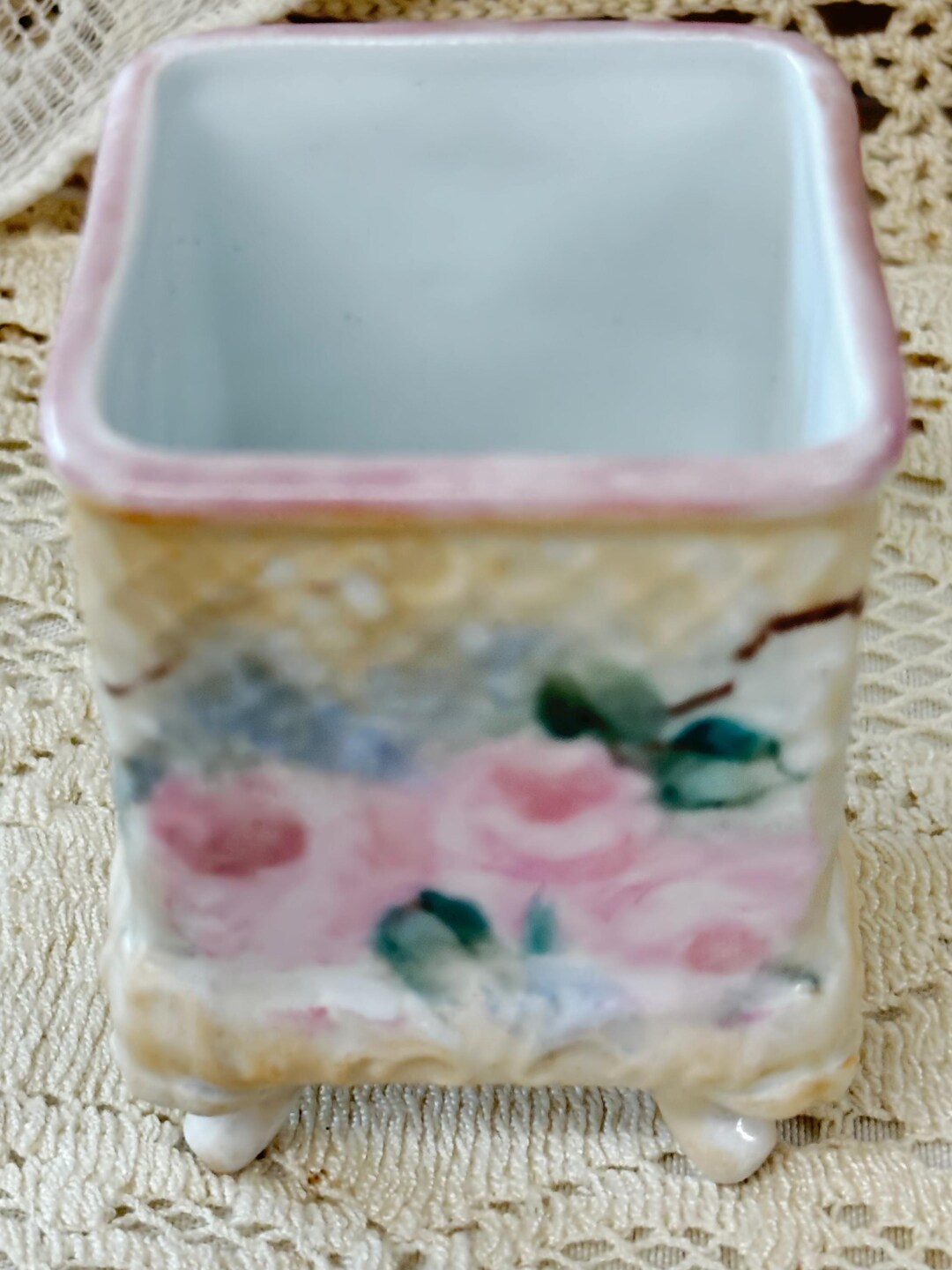 Hand Painted Toothpick Holder Pink Roses Footed Embossed 2x2x3 Shabby ...