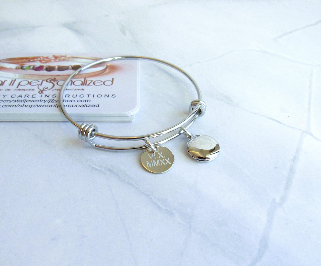 Personalized Silver Locket and Adjustable Bangle Bracelet, Friendship ...