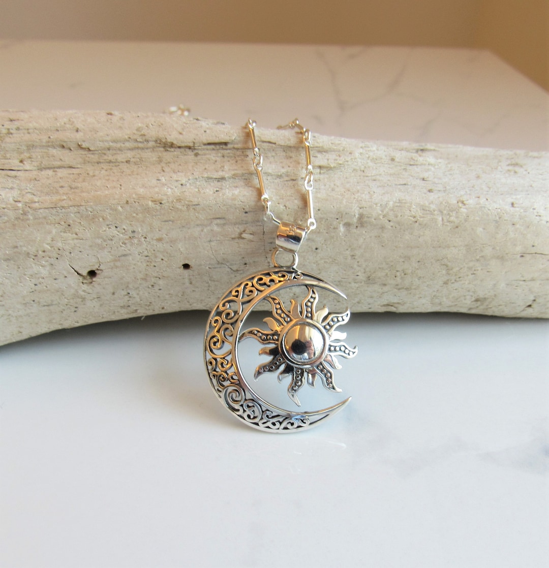 Sterling Silver Sun and Moon Large Pendant, Celestial Eternity Necklace ...
