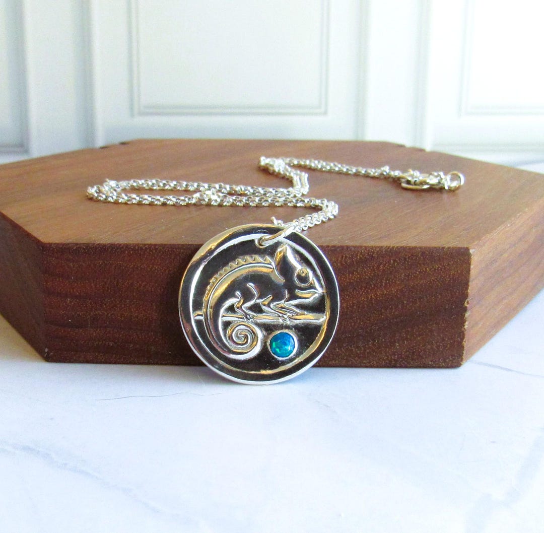 Silver Chameleon Pendant With Blue Lab Opal, Sterling Silver Chain ...