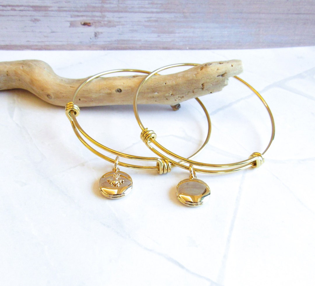 Gold Honeybee Locket and Adjustable Gold Bangle Bracelet, Personalized ...