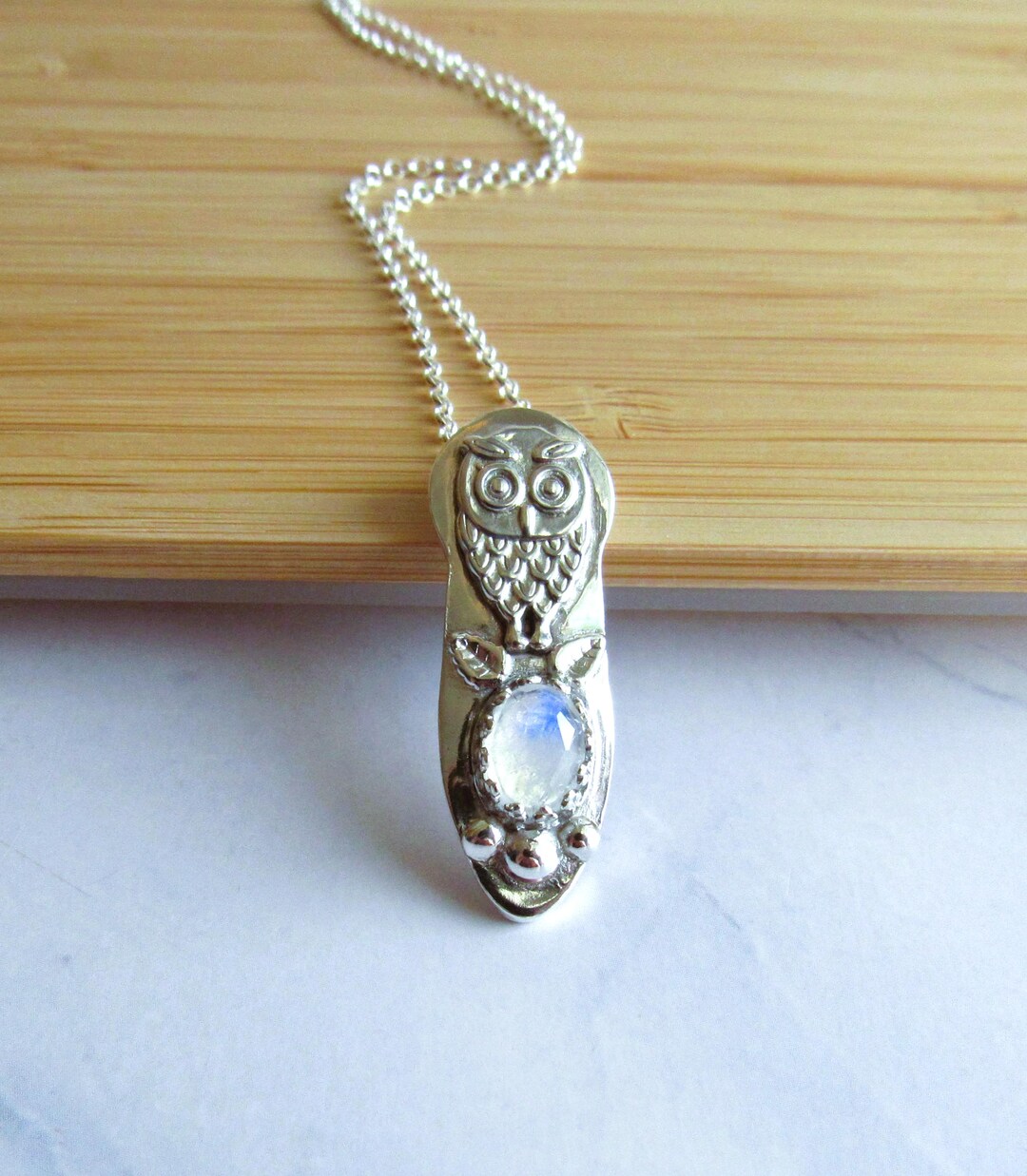 Moonstone Owl Necklace, Artisan Silver Bird Jewelry, Handmade Woodland ...