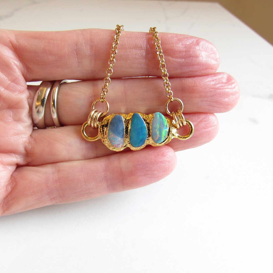 Genuine Australian Blue Opal and Gold Necklace, Freeform Natural Opal ...