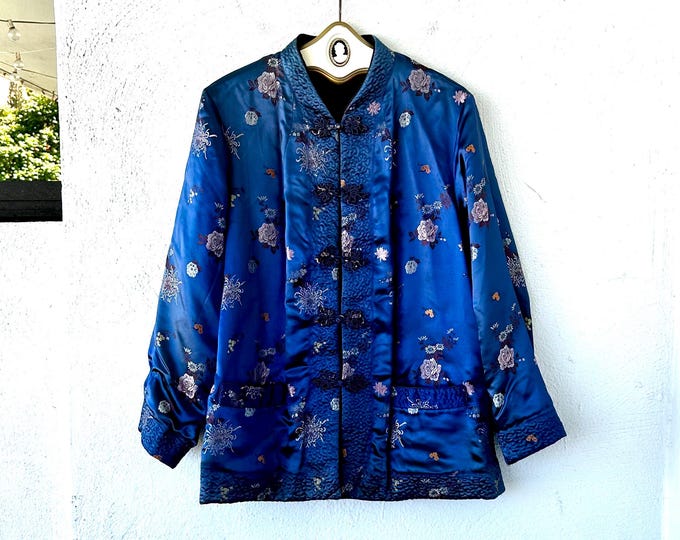 Vintage Chinese Mandarin Jacket Reversible Blue Black Floral Asian ...