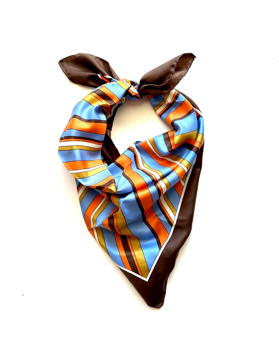 Vintage 70s Striped Silk Scarf Brown Orange Blue Bandanna 1970s Hair ...