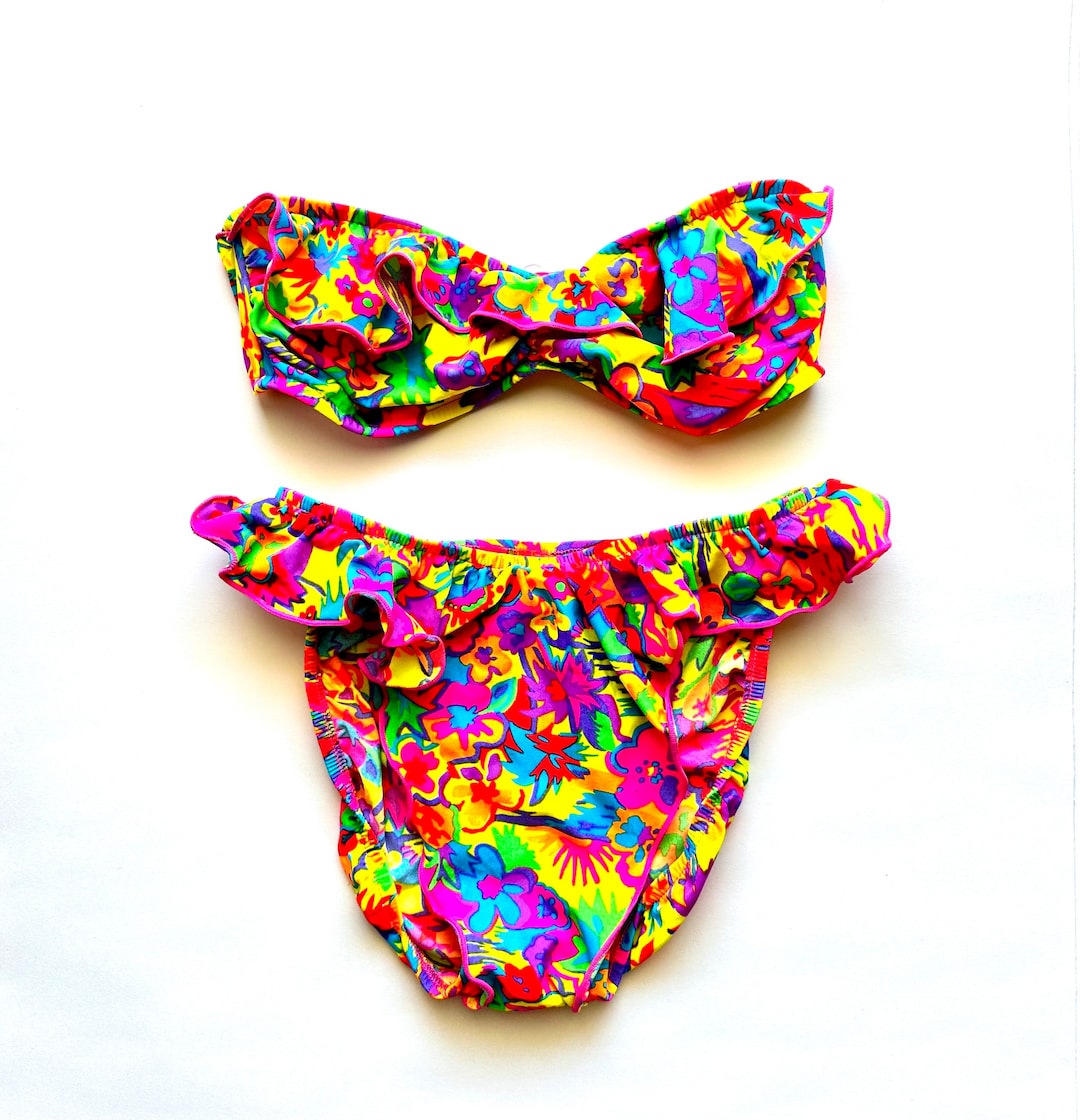 Vintage 80s Neon Bright Swimsuit Bikini Bandeau Top High Cut Bottoms ...