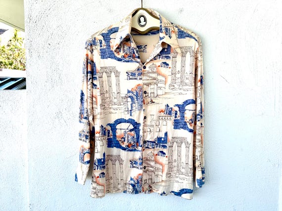 Vintage 70s Disco Roman Architecture Graphic Nylon La… - Gem