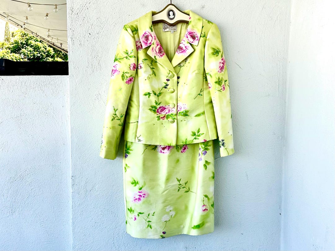 Vintage Beaded Floral Silk Dress Jacket Set Bright Green Blazer Sheath ...