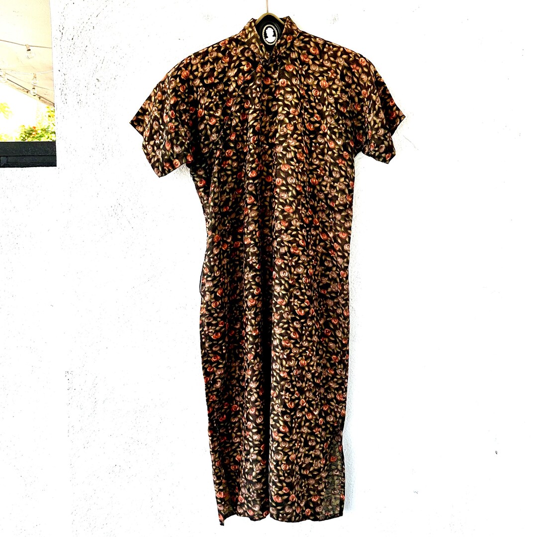Vintage 1940s 1950s Cheongsam Rayon Floral Dress Qipao Asian Chinese ...