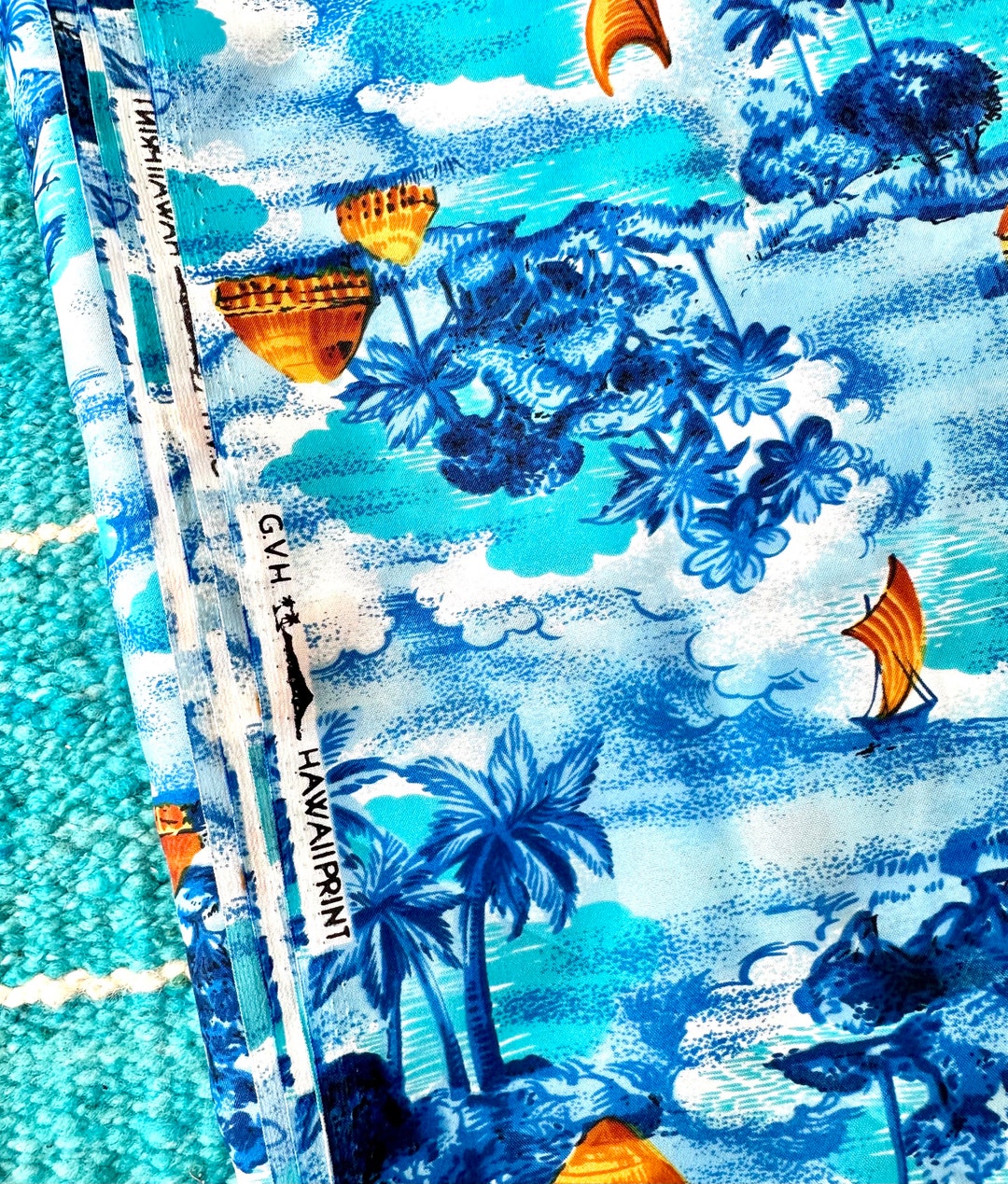 Vintage 60s 70s Hawaiian Outrigger Fabric GVH Hawaii Print Hale Aloha ...