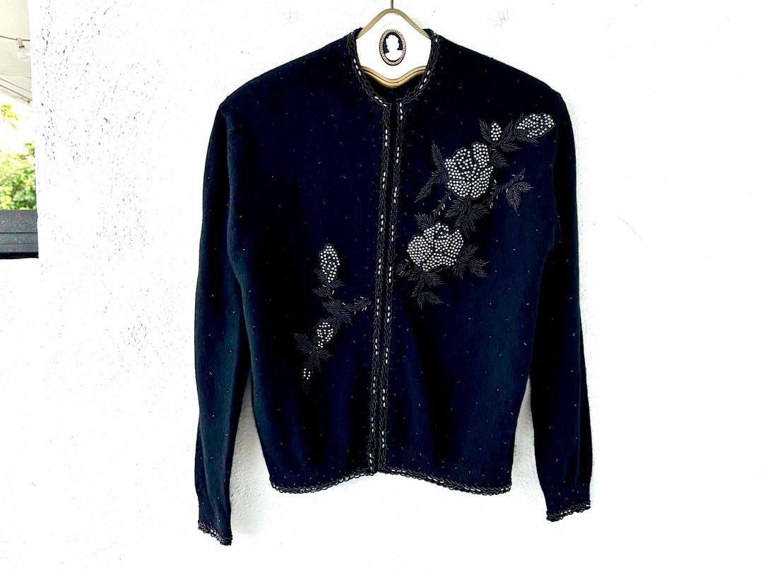 Vintage 50s Beaded Floral Cardigan Black Silver 1950s Sweater Rose ...
