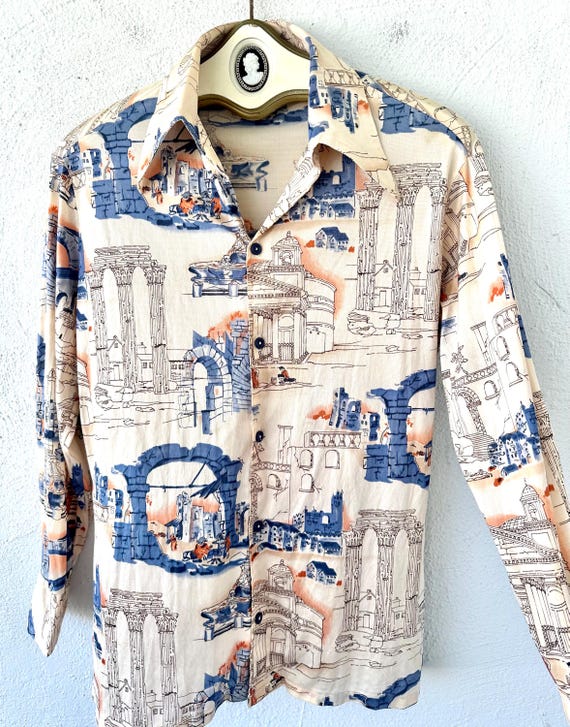 Vintage 70s Disco Roman Architecture Graphic Nylon La… - Gem
