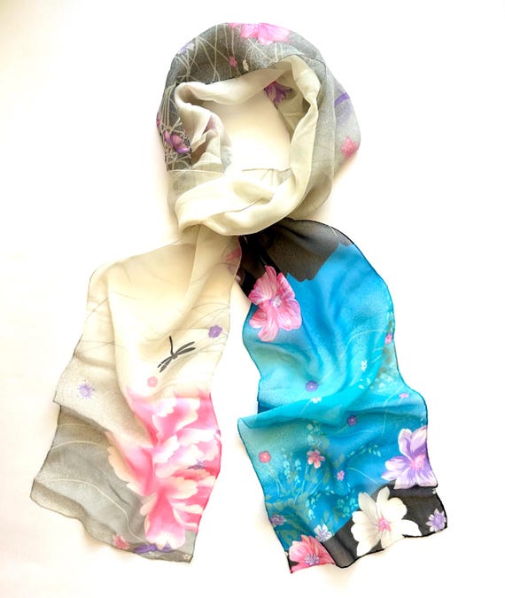 Vintage Japanese Floral Silk Scarf: Long Chiffon Scarf - Gem