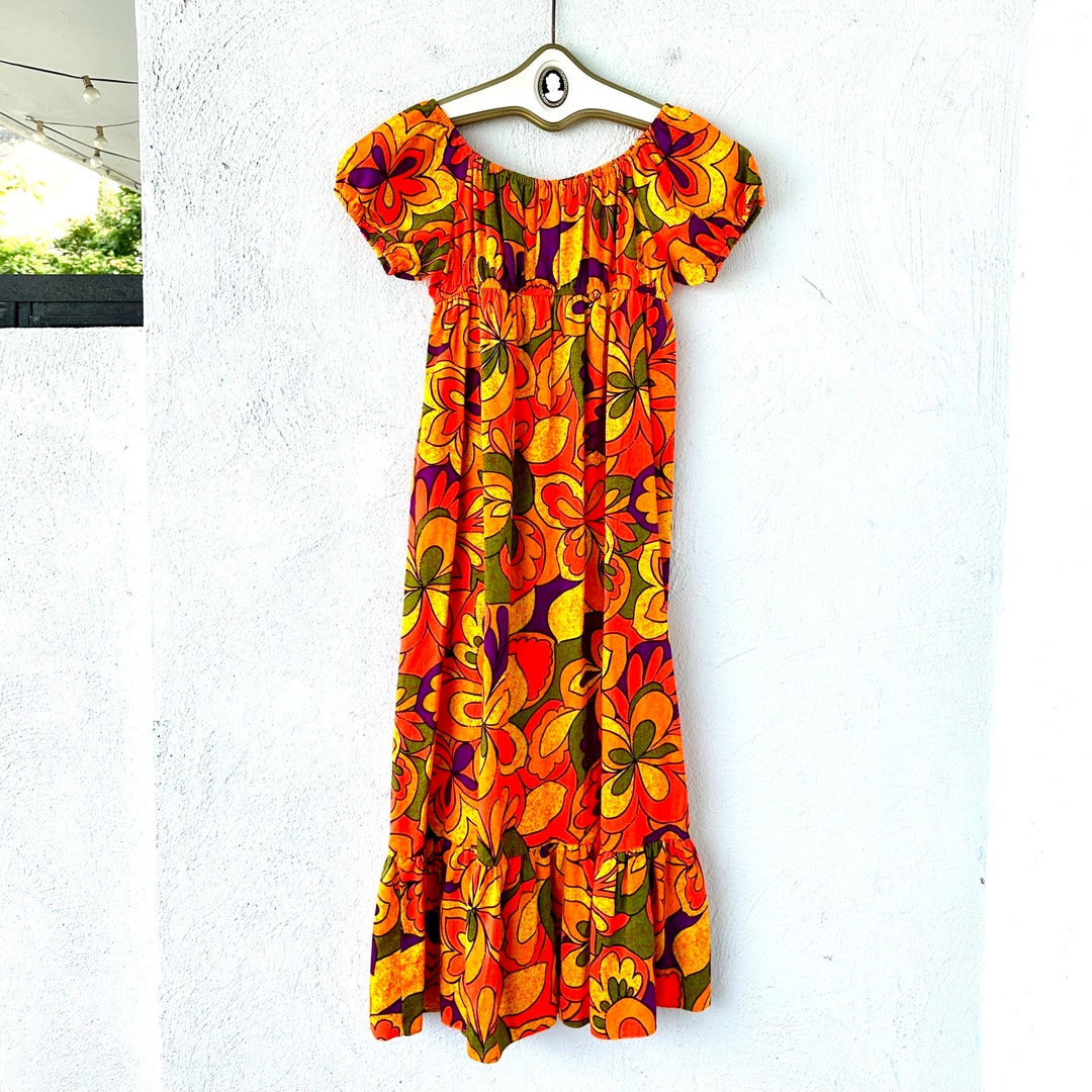 Vintage 60s 70s Psychedelic Hawaiian Dress Bright Floral Neon Pink ...