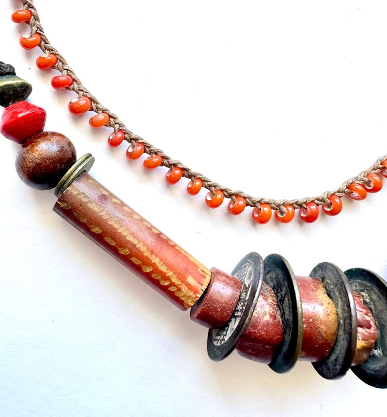 Vintage 70s Boho Choker Asian Coin Necklace 1970s Beaded Wood Hippie ...