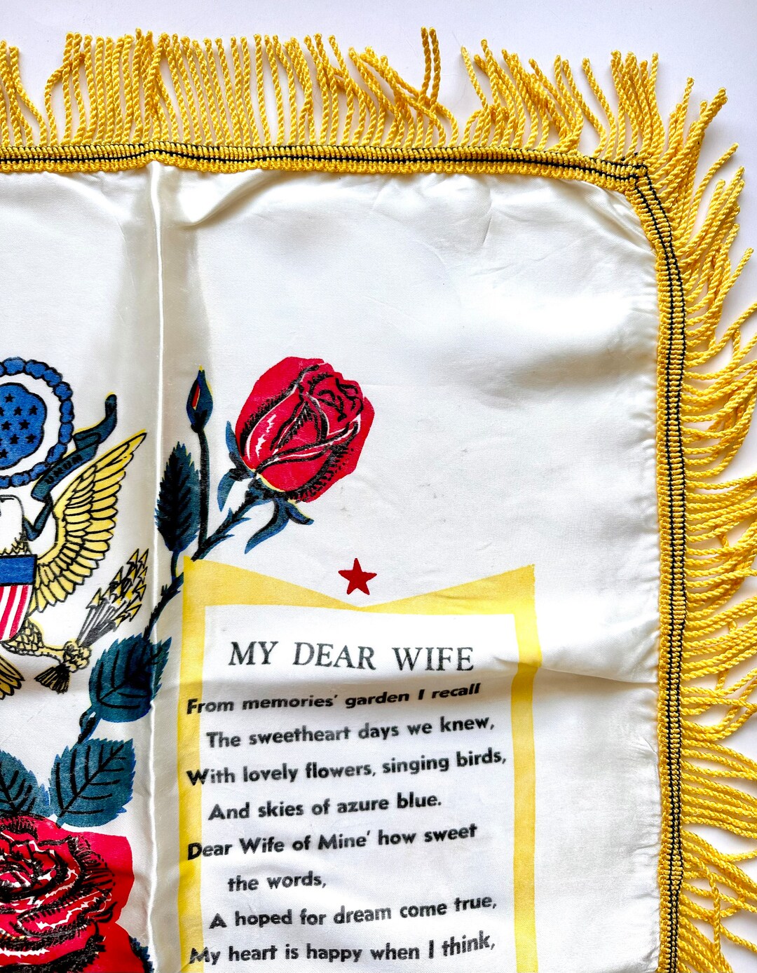 Vintage 1940s 50s WWII Military Fringe Satin Pillowcase Rose White ...