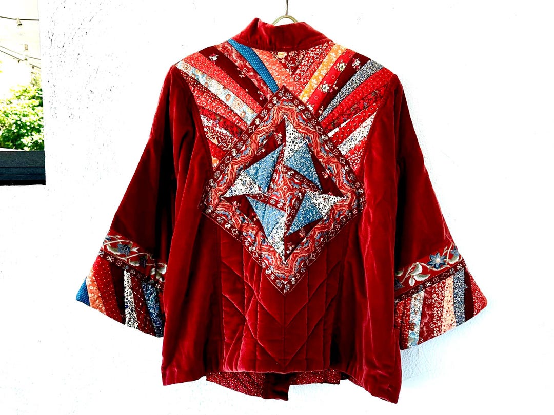 Vintage 70s Quilted Calico Jacket Velvet Plush 1970s Kimono Cardigan ...