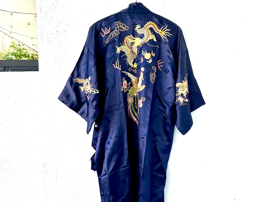 Vintage Silk Embroidered Dragon Robe Chinese Blue Gold Long Kimono ...