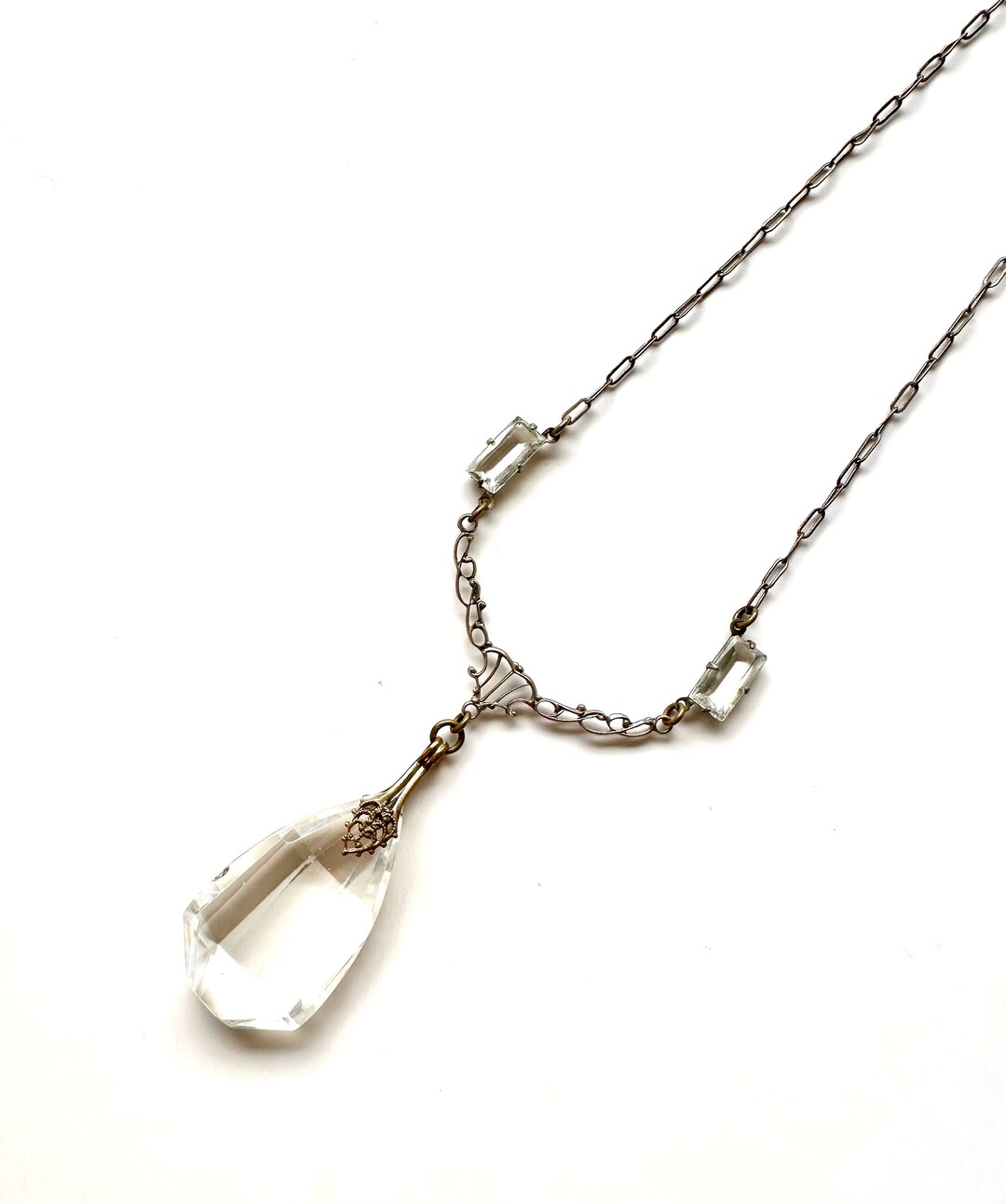 Antique Art Deco Lavaliere Pendant Necklace 1920s Crystal Silver Chain ...