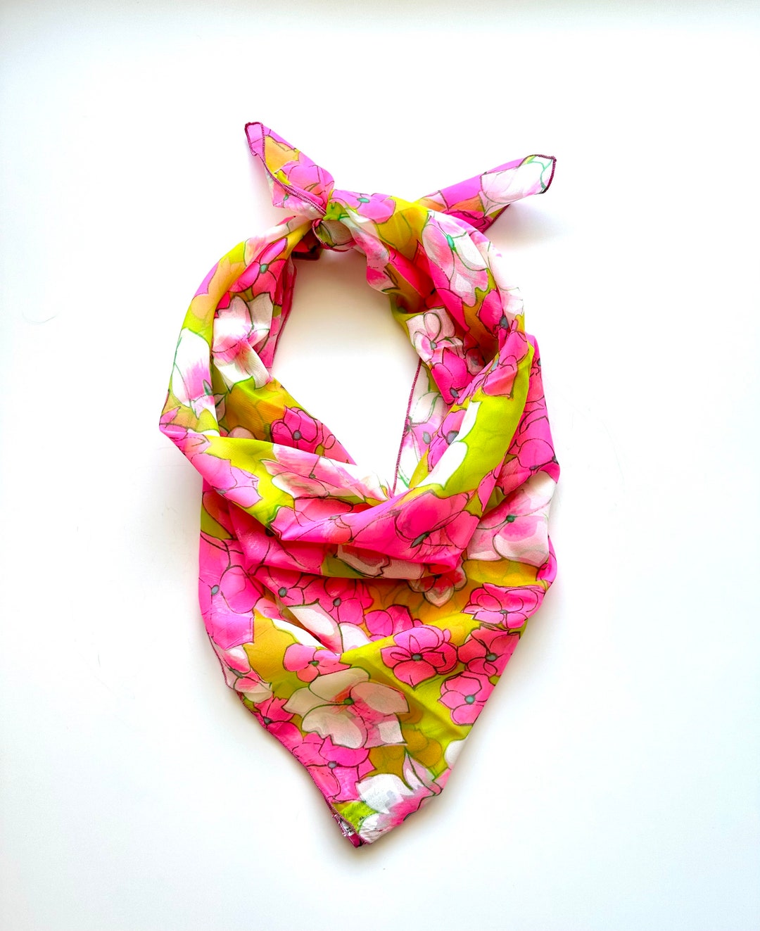 Vintage 60s 70s Neon Floral Sheer Scarf Bright Pink Flower Power - Etsy