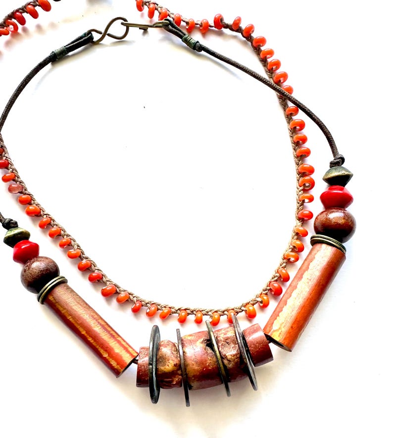 Vintage 70s Boho Choker Asian Coin Necklace 1970s Beaded Wood Hippie ...