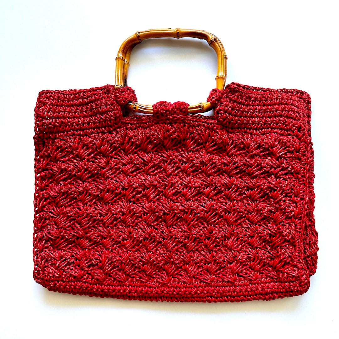 Vintage 60s 70s Raffia Straw Red Bamboo Handle Bag // Red Top Handle ...
