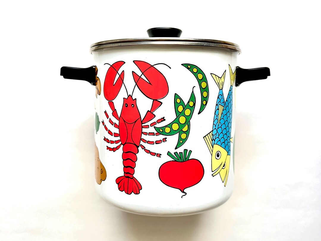 Vintage 60s MCM Nantucket Enamel Pot 1960s Lobster Fish Vegetables ...