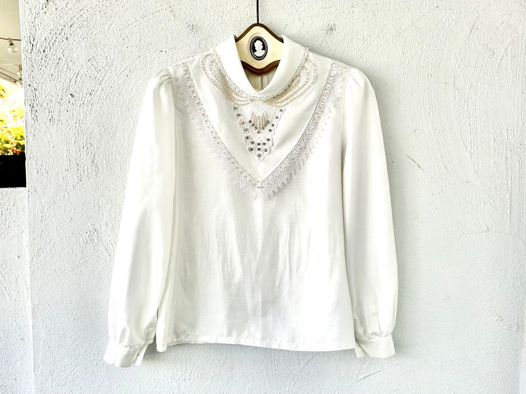 Vintage 80s Rhinestone Lace White Collared Embellished Shirt // 1980s ...