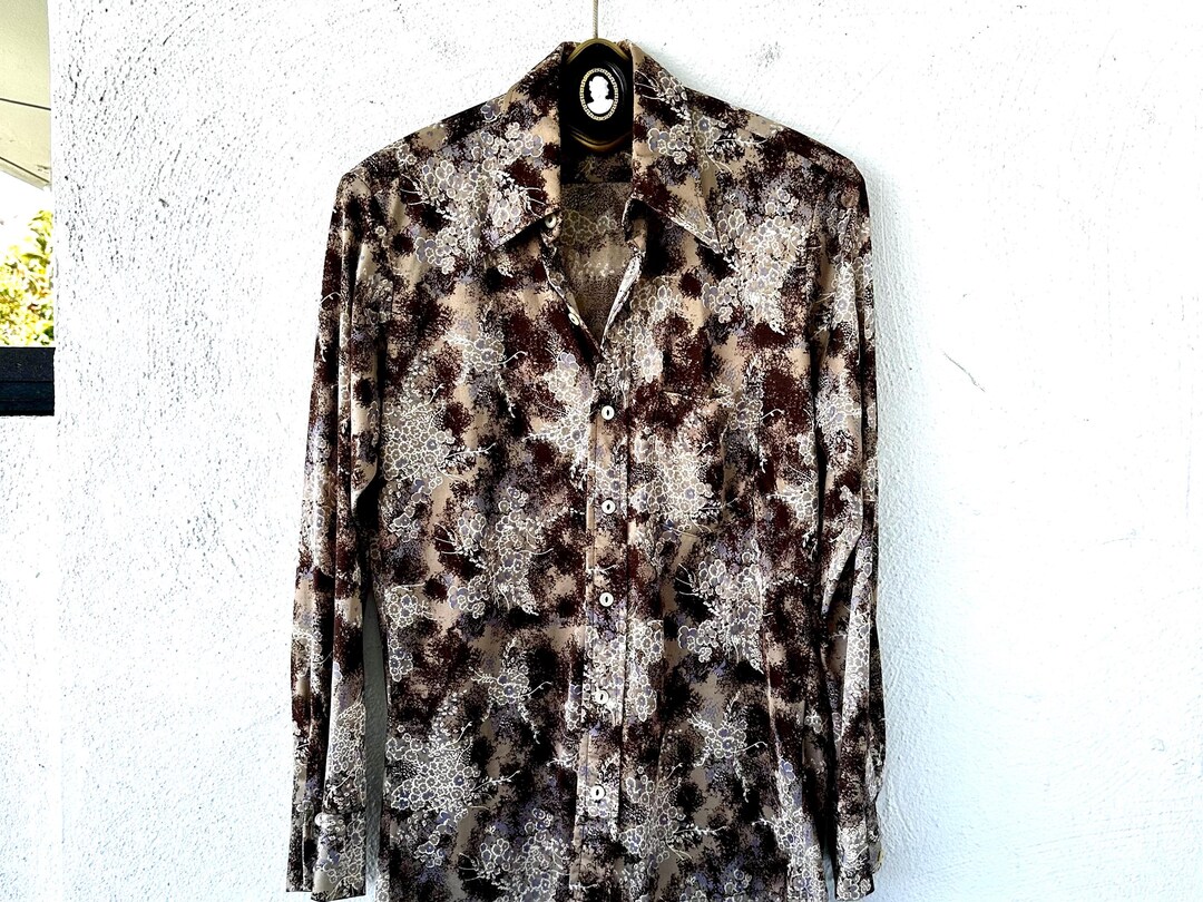 Vintage 70s Disco Large Collar Shirt 1970s Nylon Artsy Floral Long ...