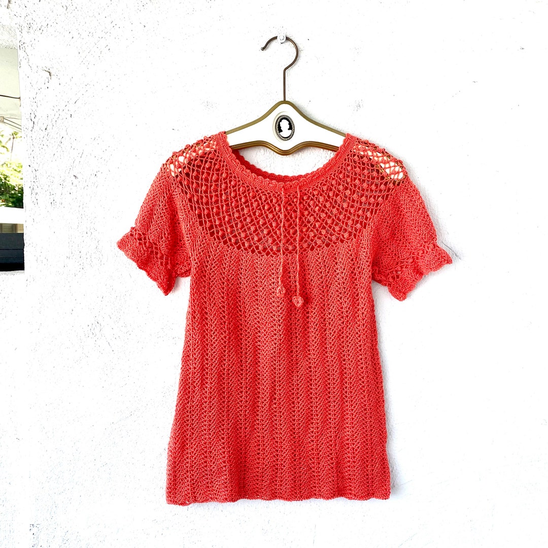 Vintage 70s Boho Crochet Shirt 1970s Knit Pink Sweater Top - Etsy