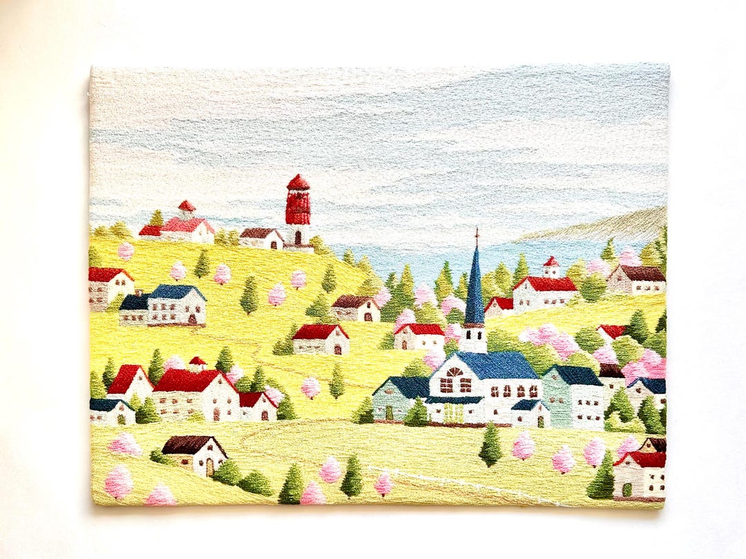 Vintage 70s Japanese Bunka Embroidery Artwork: Country Village Wall ...