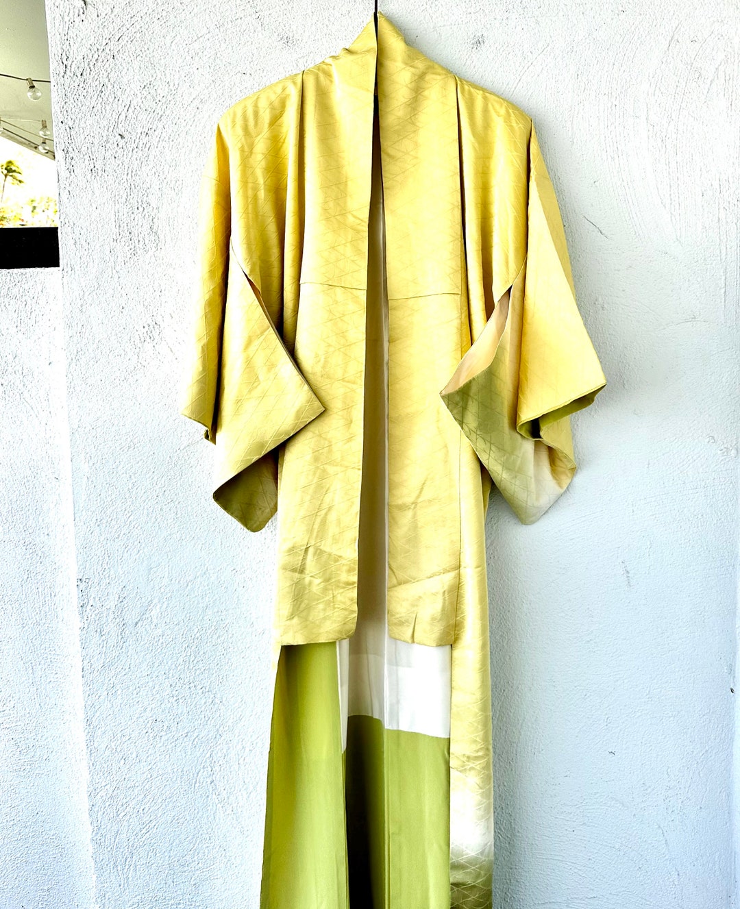 Vintage Japanese Drip Dyed Kimono Boho Long Yellow Duster Cardigan ...
