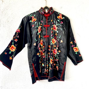 Antique Chinese Silk Embroidered Jacket Asian Black Floral Shirt With ...