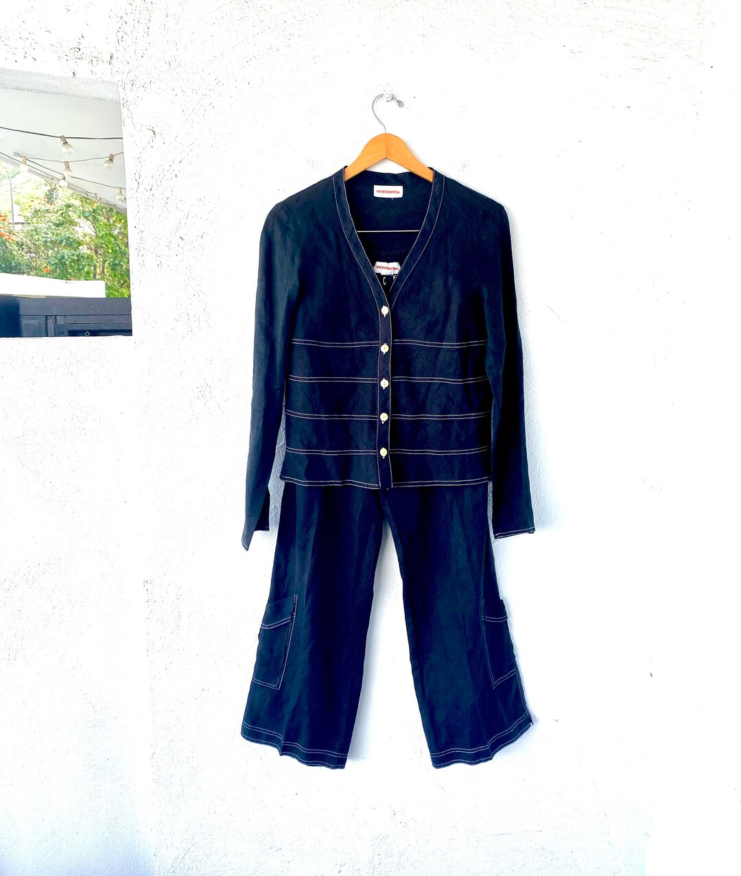 Vintage 90s Linen Shirt Baggy Pants Set Minimalist Black Suit - Etsy