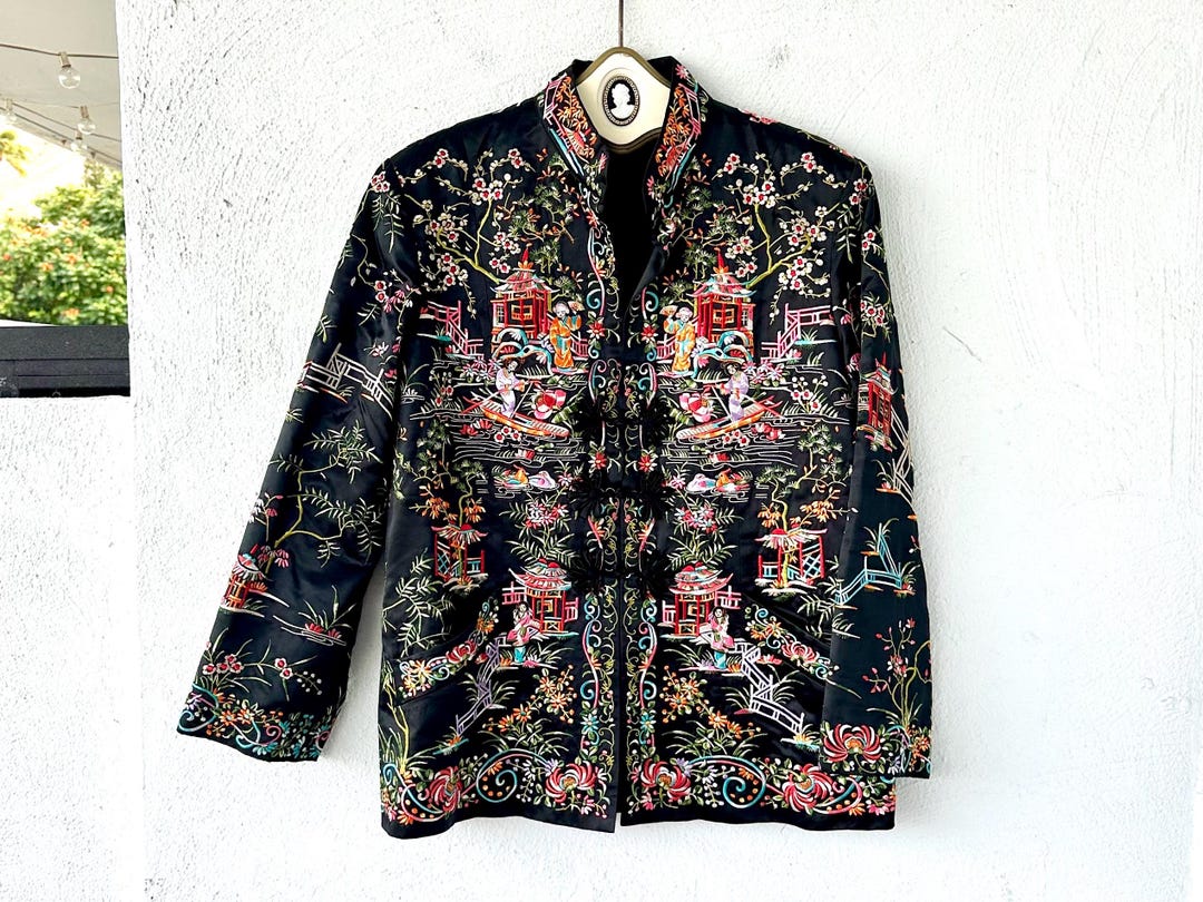 Vintage Chinese Silk Embroidered Jacket Asian Black Floral Top With Mandarin Collar - Etsy