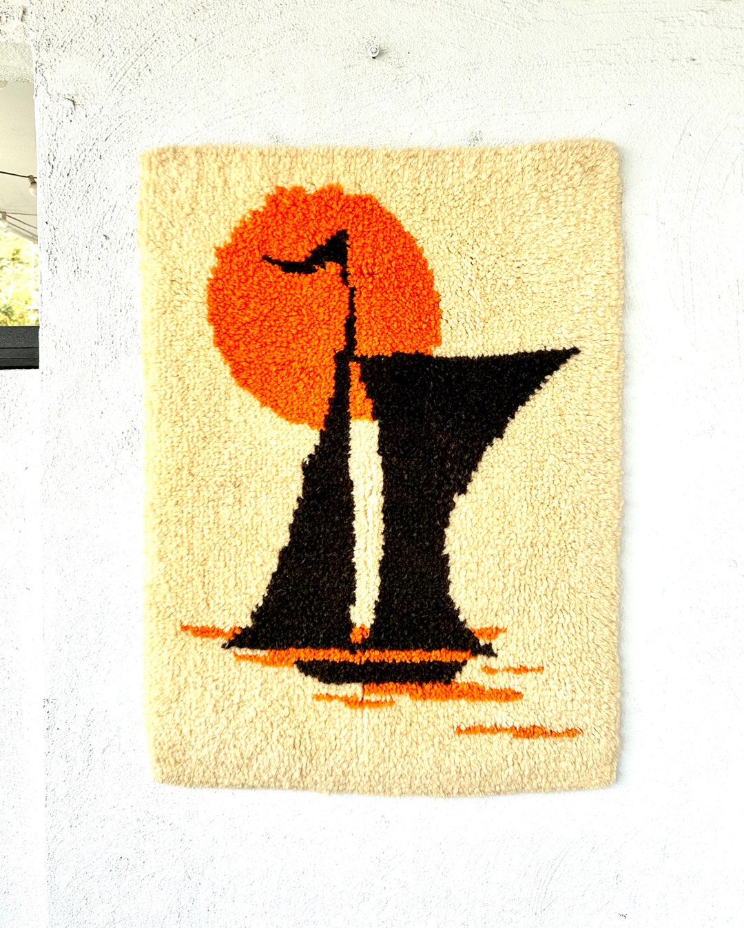 Vintage 70s Shag Rug Art Latch Hook Sunset Sailboat 1970s Decor - Etsy