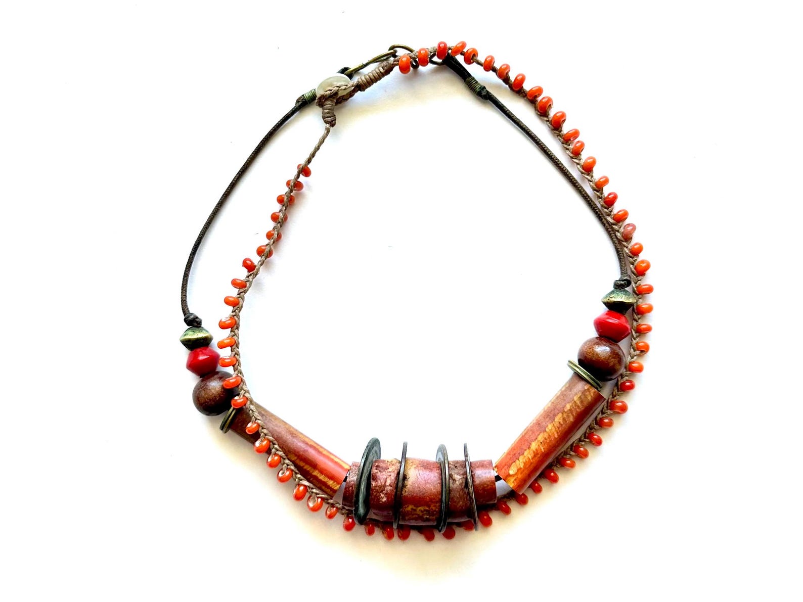 Vintage 70s Boho Choker Asian Coin Necklace 1970s Beaded Wood Hippie ...