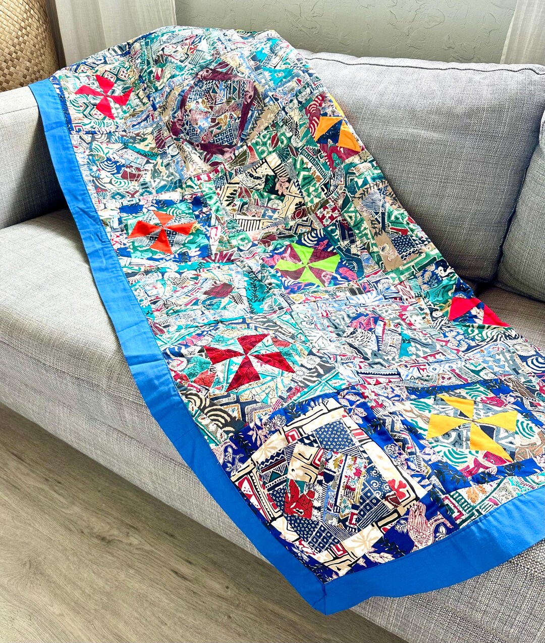 Vintage Hawaiian Patchwork Quilt Hawaii Tapa Blue Baby Blanket Fish ...