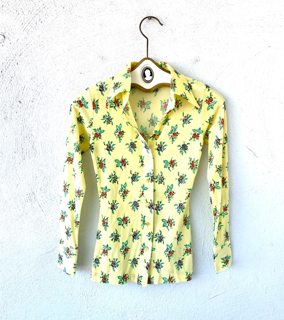Vintage 70s Disco Large Collar Shirt Yellow Floral Shirt - Etsy