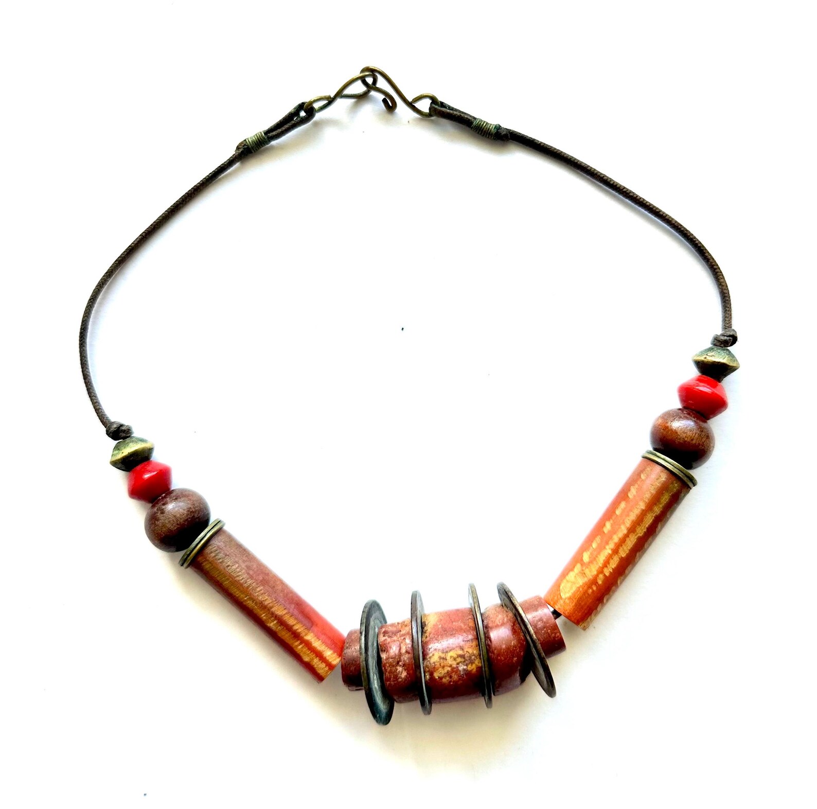 Vintage 70s Boho Choker Asian Coin Necklace 1970s Beaded Wood Hippie ...